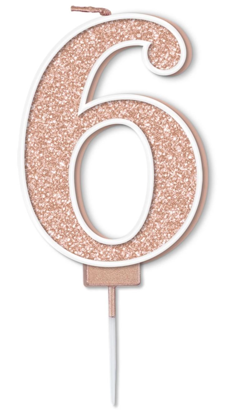 Number 6 Rose Gold Glitter Candle - Partytime